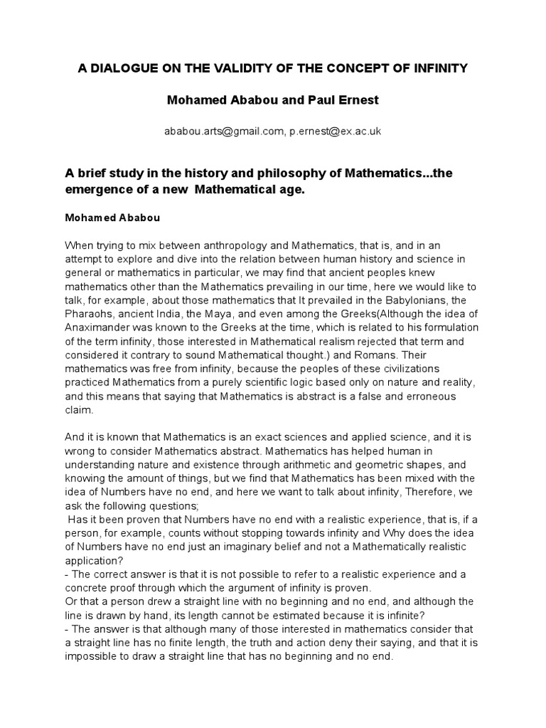 Mohamed Ababou and Paul Ernest Infinity Cannot Be Embodied by A Realistic Mathematical Act A ...