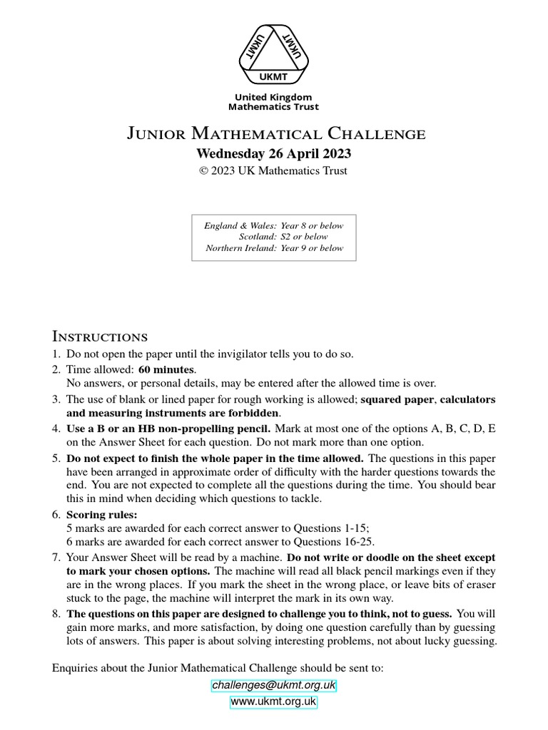 Junior Mathematical Challenge 2023 | PDF | Prime Number | Elementary Geometry