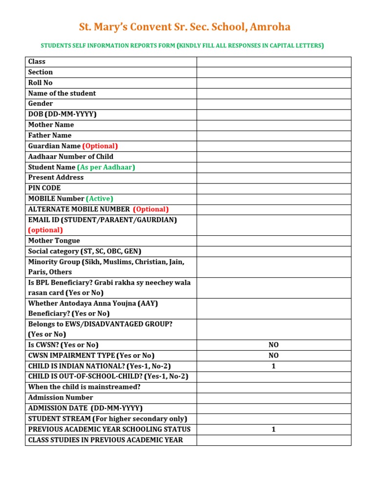 Students Self Information Reports Form | PDF | Attention Deficit ...
