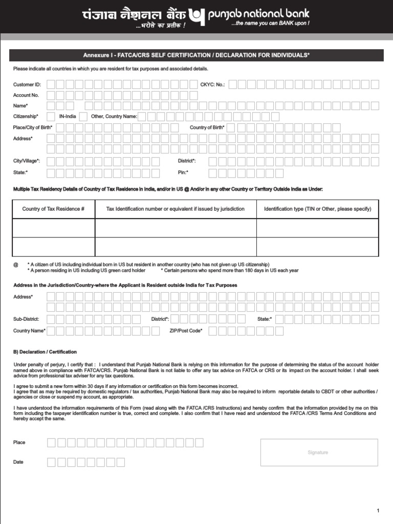 PNB FATCA Self-Certification Form | PDF