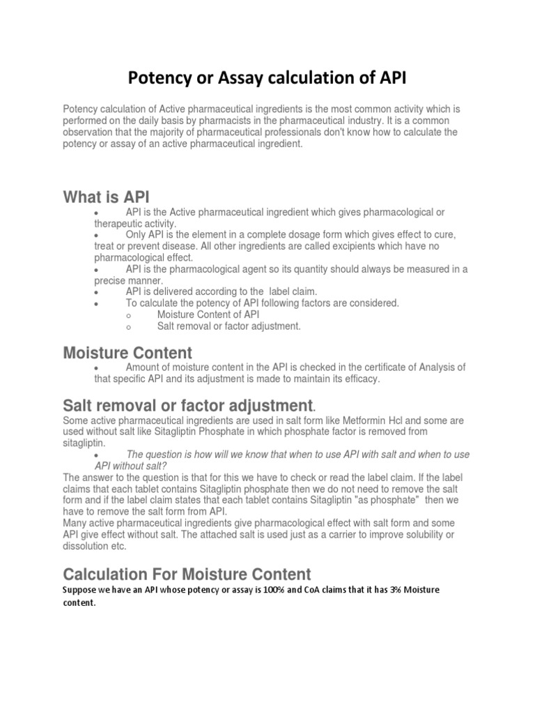 Potency or Assay Calculation of API | PDF