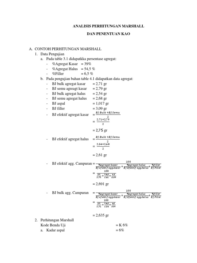 Analysis of Marshall Calculations and Determination of Asphalt Content for Road Mix Design | PDF