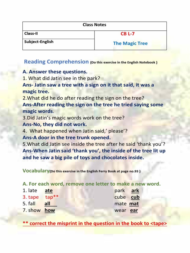 Comprehension Questions for "The Magic Tree" | PDF