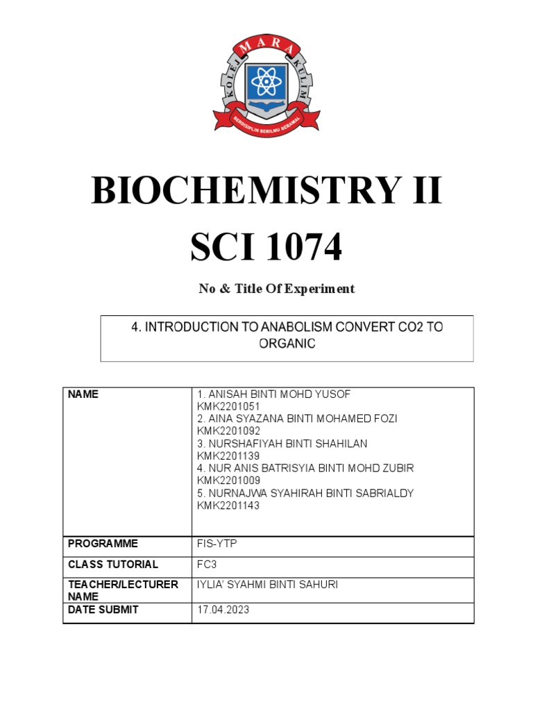 Biochemistry Ii SCI 1074: No & Title of Experiment | Download Free PDF | Photosynthesis | Syringe