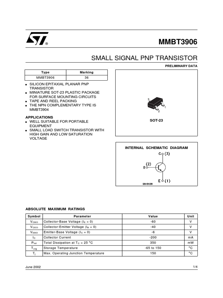 Transistor Datasheet MMBT3906 200ma 40V PNP 36 SMD (ST) | Download Free PDF | Bipolar Junction ...