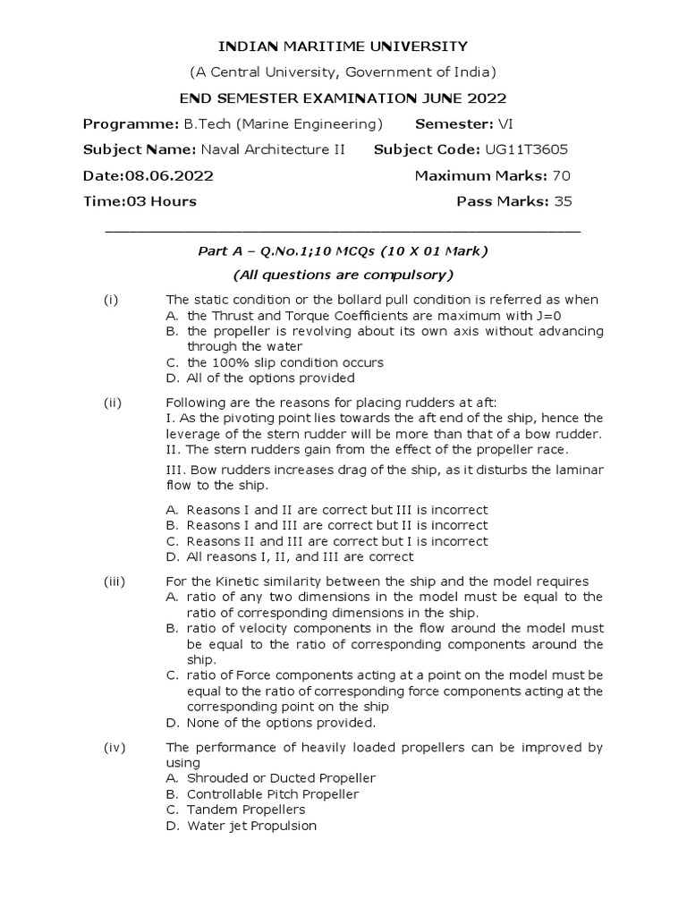B Tech (ME) - UG11T3605 - QP | PDF | Propeller | Ships