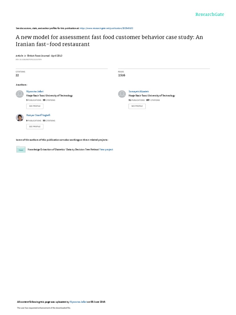 A New Model For Assessment Fast Food Customer Behavior Case Study: An ...