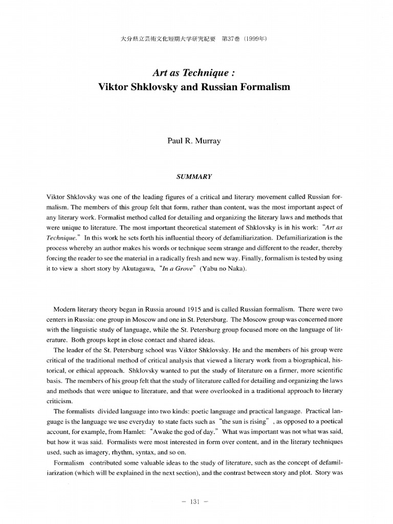 Victor Shklovsky and Russian Formalism - Art As A Technique | PDF