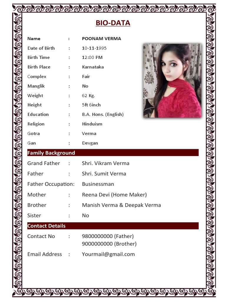 Matrimonial Resume Format BIODATA 1