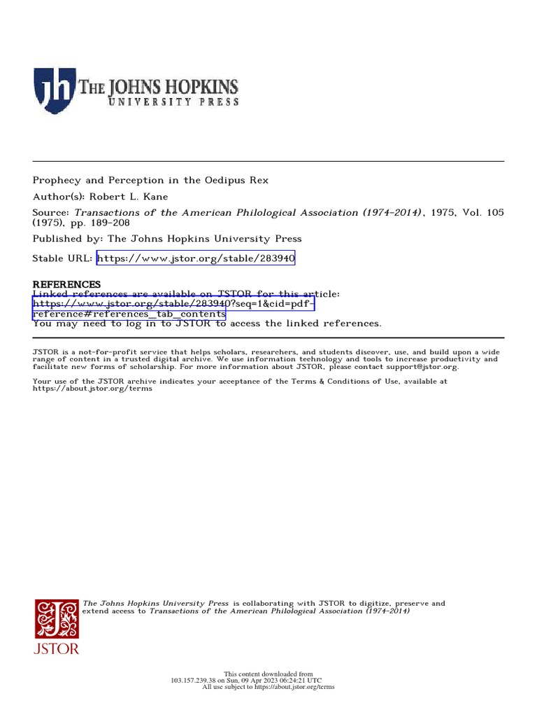 Prophecy and Perception in The Oedipus Rex - Robert L. Kane | PDF ...