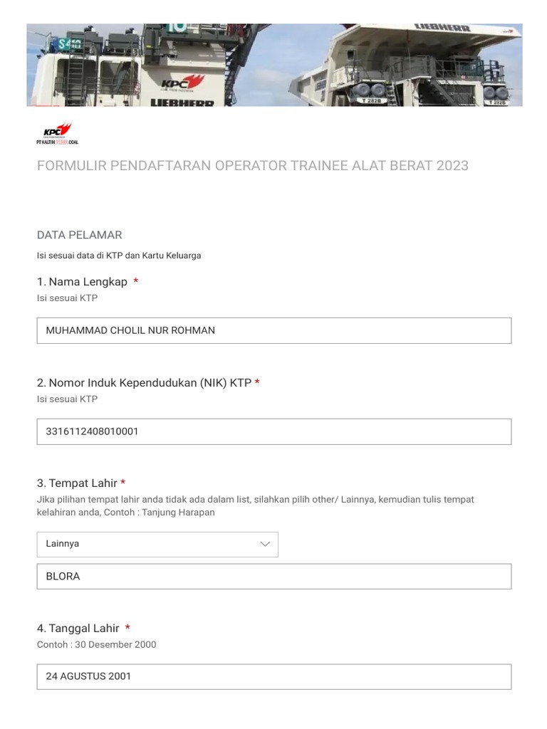 Formulir Pendaftaran Operator Trainee Alat Berat 2023 | PDF