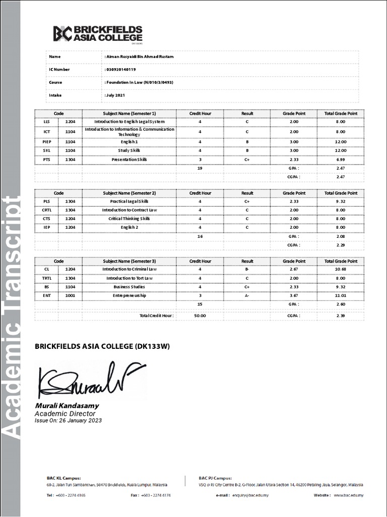 Academic Transcript and Grade Report for Semesters 1-3 | PDF | Course ...