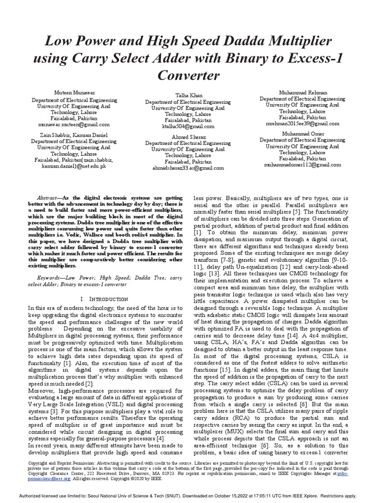 Low Power and High Speed Dadda Multiplier Using Carry Select Adder With ...
