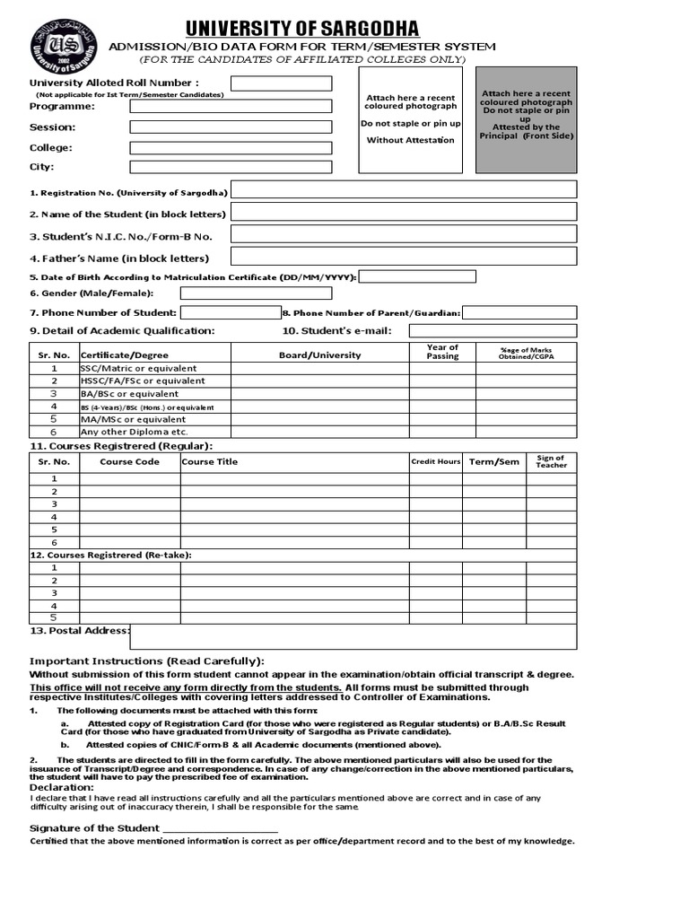 University of Sargodha: Admission/Bio Data Form For Term/Semester ...