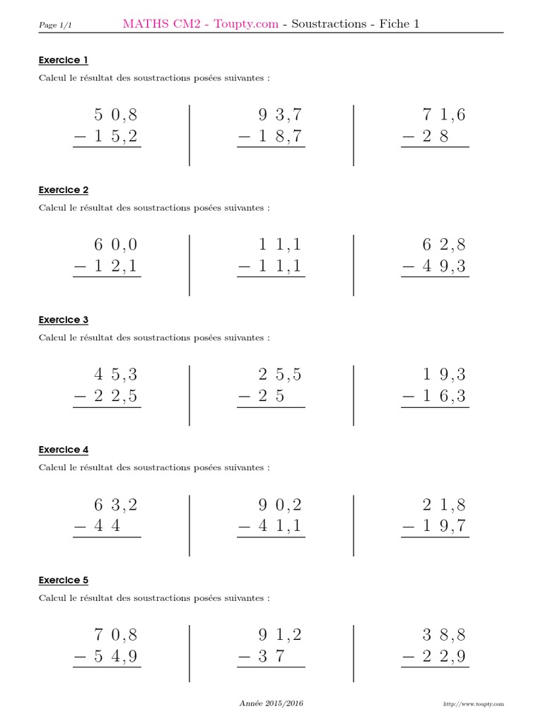 Exercices de soustraction CM2 à imprimer | PDF