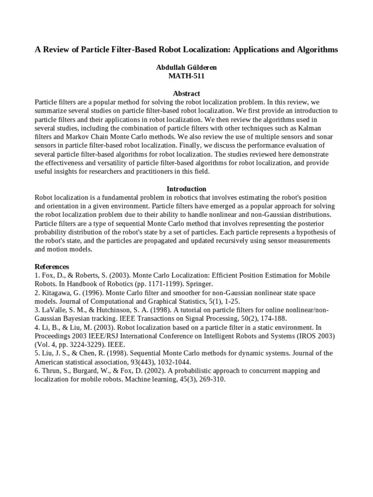 A Review of Particle Filter-Based Robot Localization Applications ... A Review of Particle Filter-Based Robot Localization Applications ...