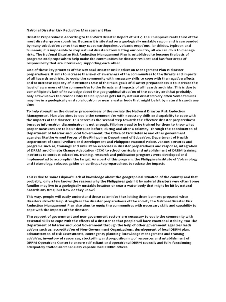 National Disaster Risk Reduction Management Plan | PDF