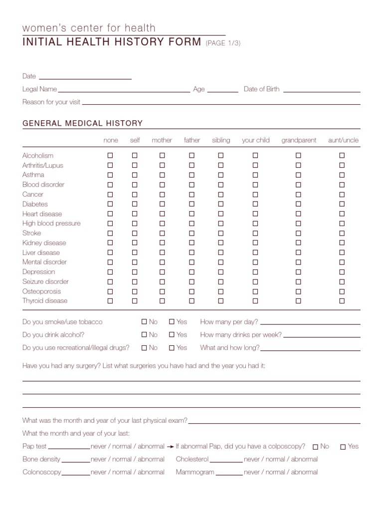 Initial Health History Form v1 | PDF | Wellness