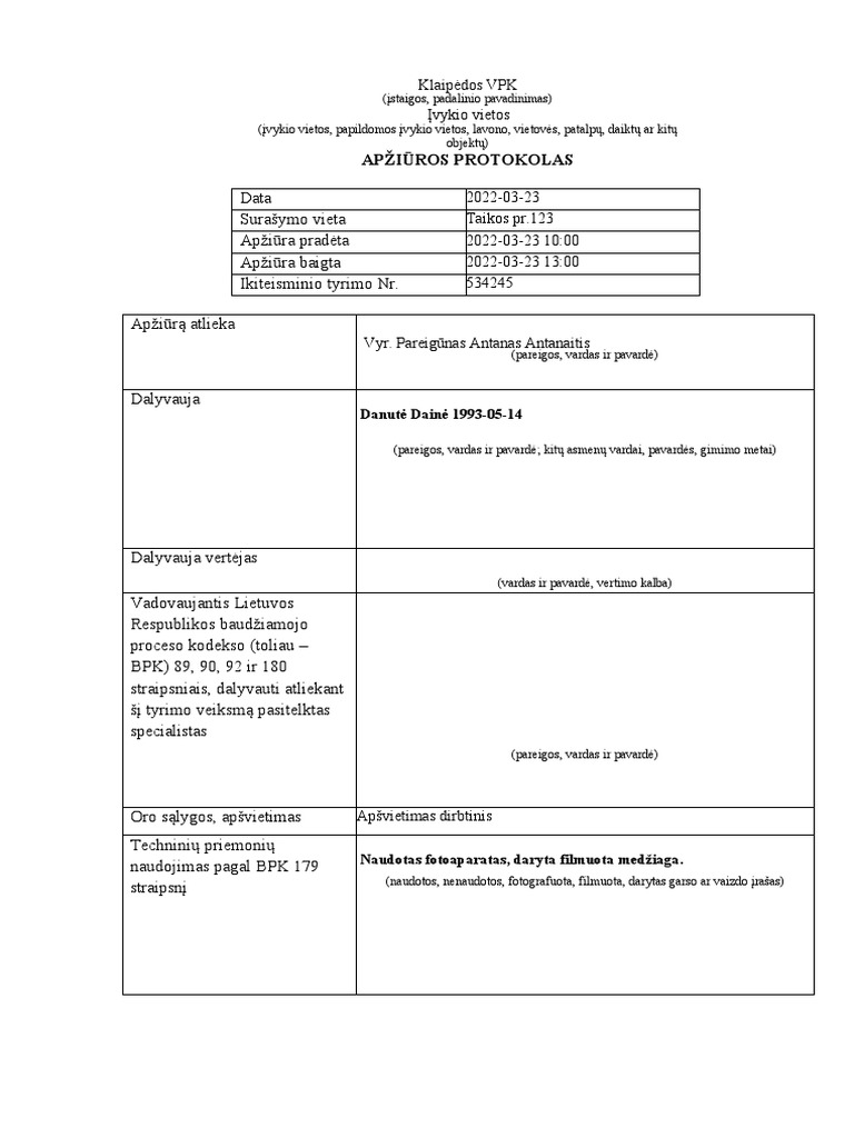Apžiuros Protokolas Nr.1 | PDF