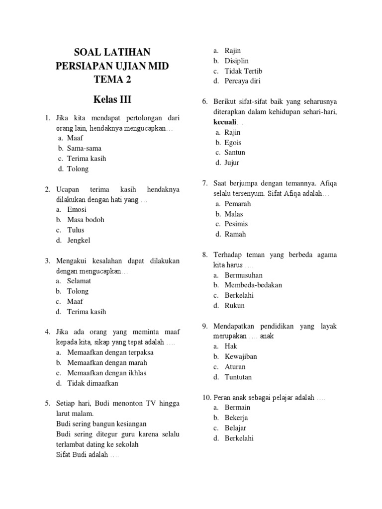 SOAL LATIHAN PERSIAPAN UJIAN MID TEMA 2 Kelas 3 | PDF