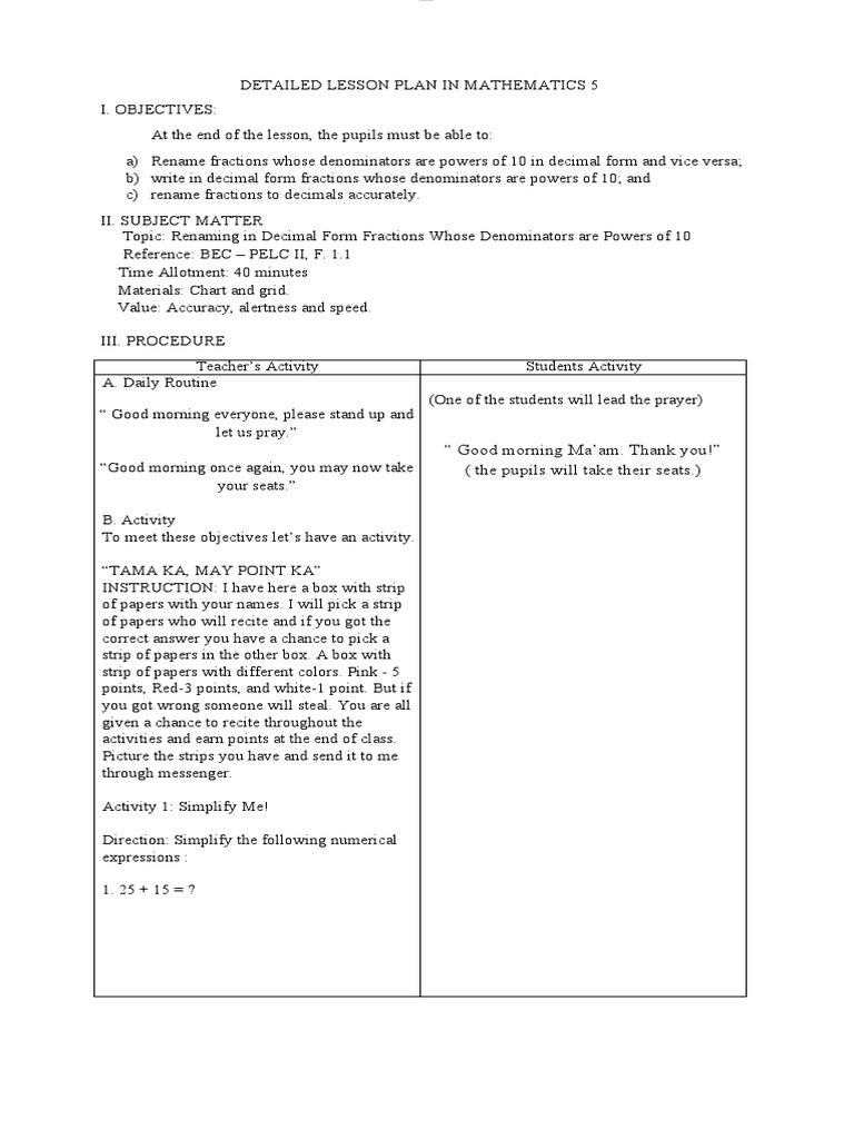 Detailed Lesson Plan in Mathematics 5 | PDF | Mathematics