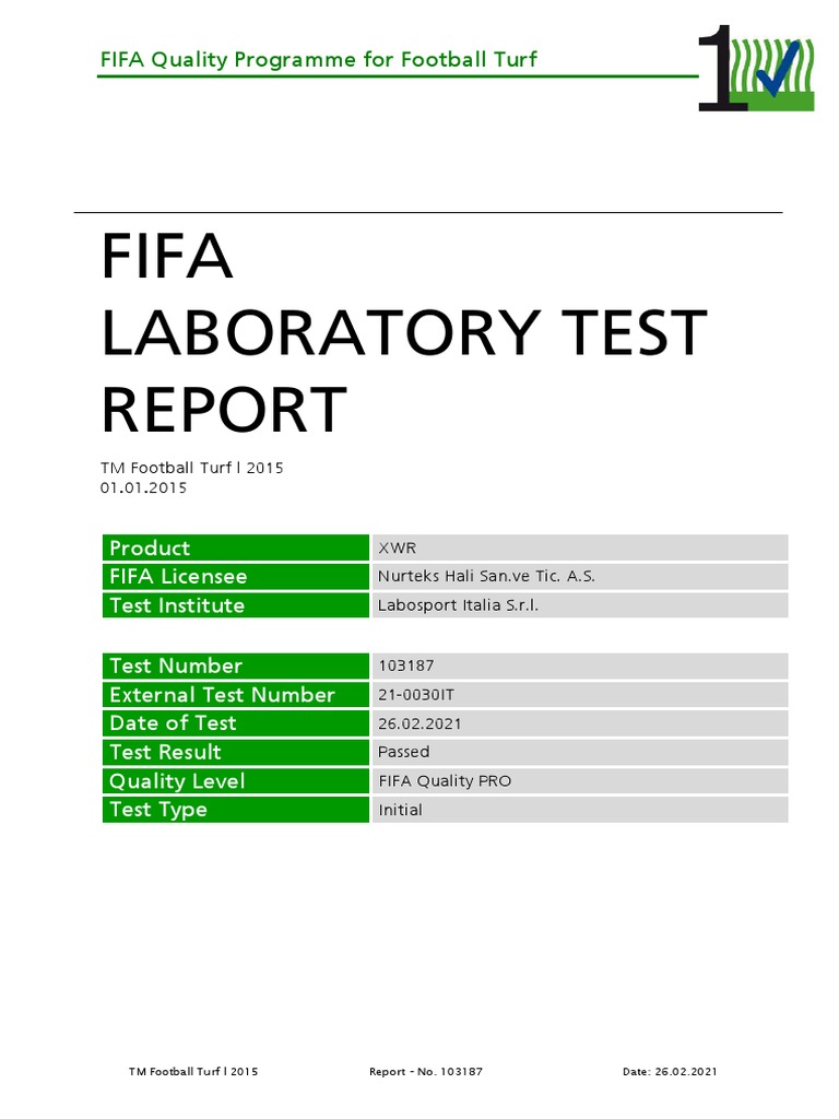 FIFA Laboratory Test Report for XWR Football Turf from Nurteks Hali San ...