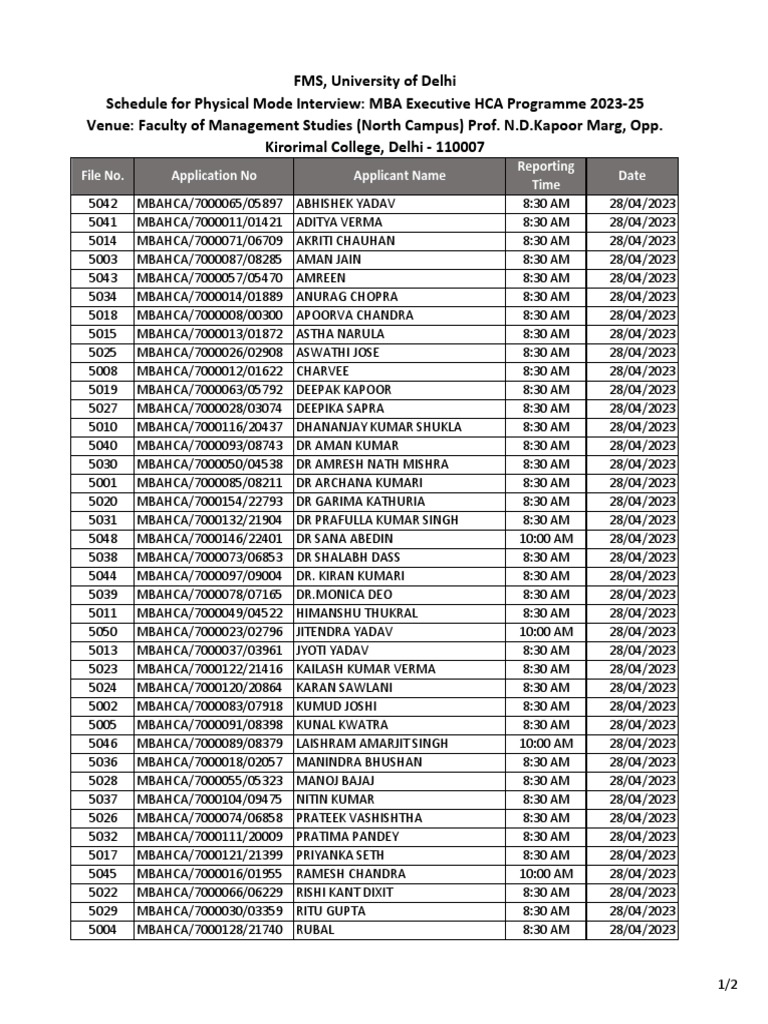 Mbaexehca2023 Pi Schedule | PDF