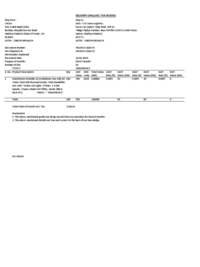 Delivery Challan for Stock Transfer | PDF