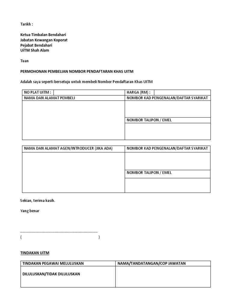 Borang Permohonan No Pendaftaran Khas UiTM | PDF