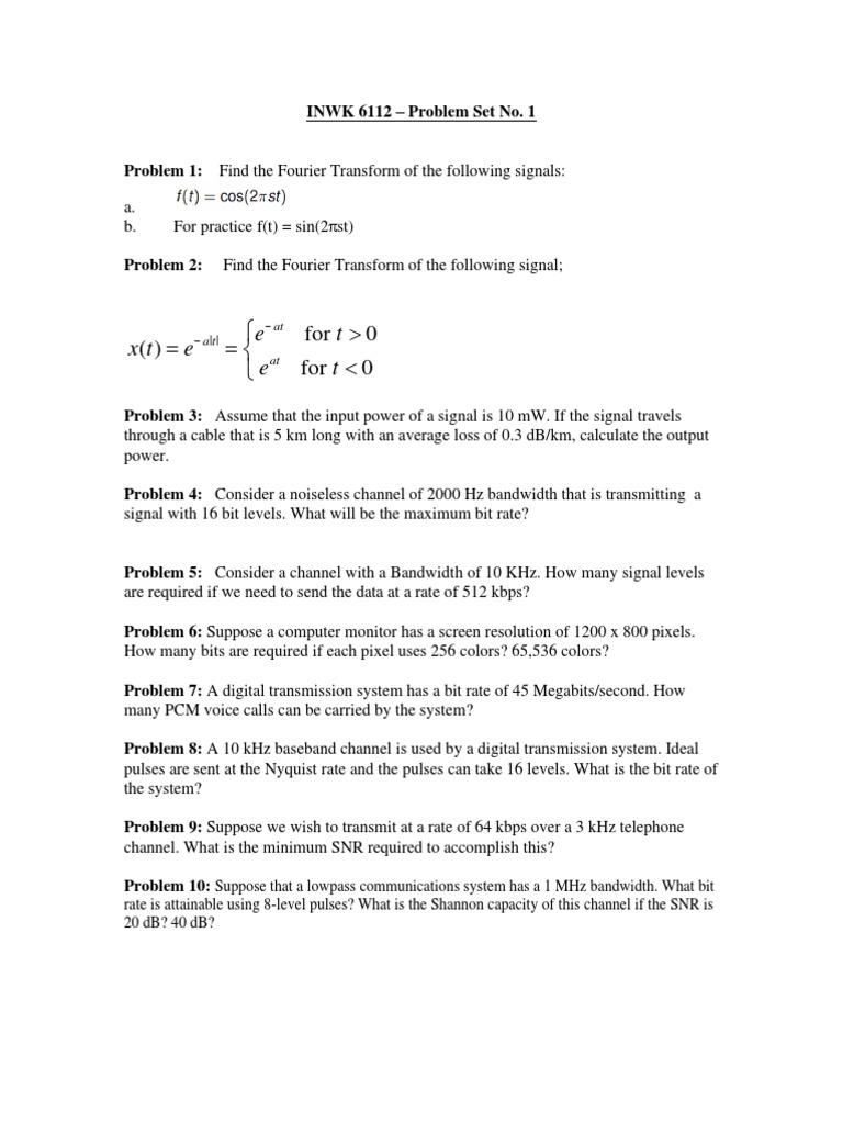 Problem Set 1 | PDF | Bandwidth (Signal Processing) | Telecommunications Engineering