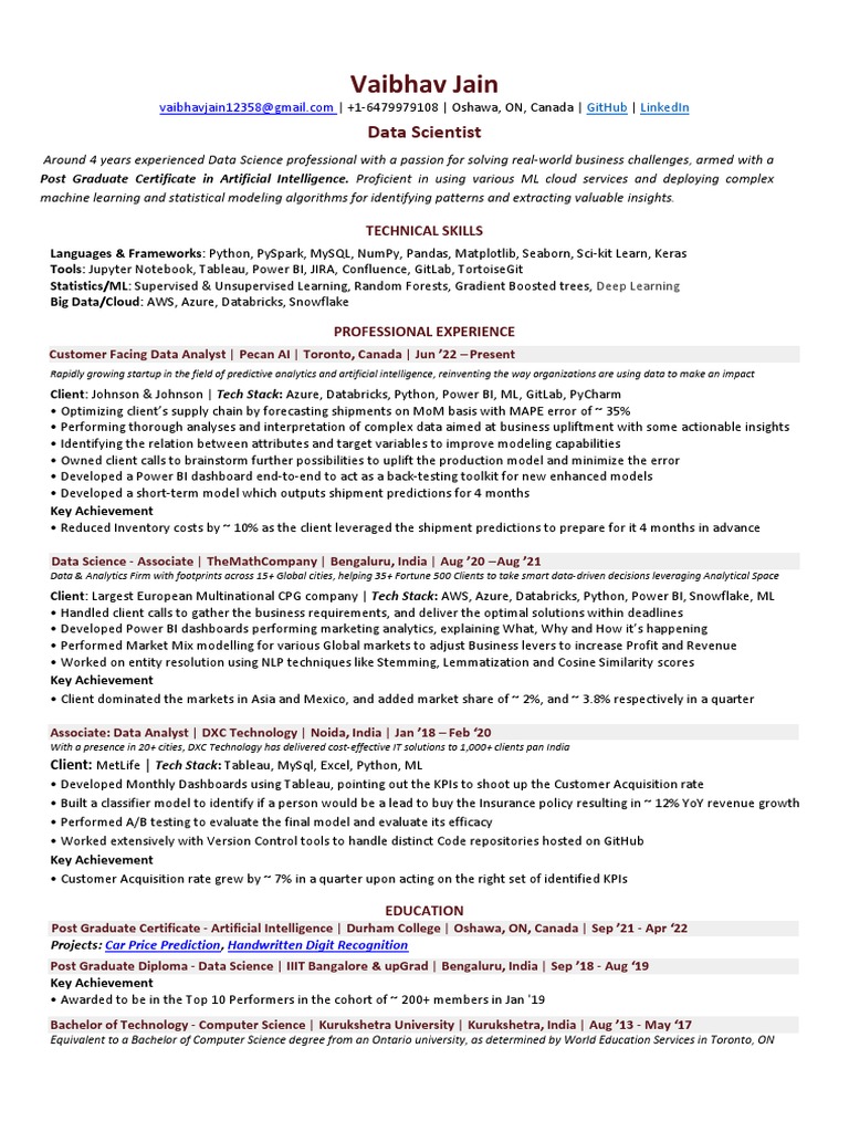 Vaibhav Jain - Data Scientist | PDF | Machine Learning | Analytics