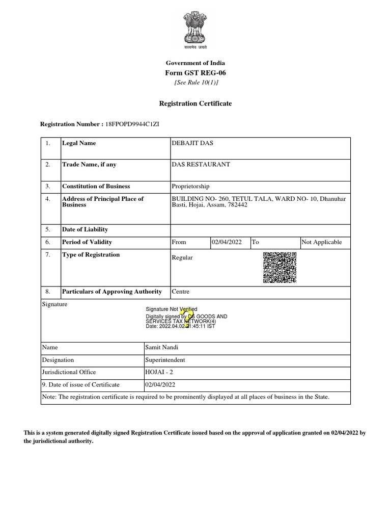 Form GST REG-06: Government of India | PDF | Business | Sole Proprietorship