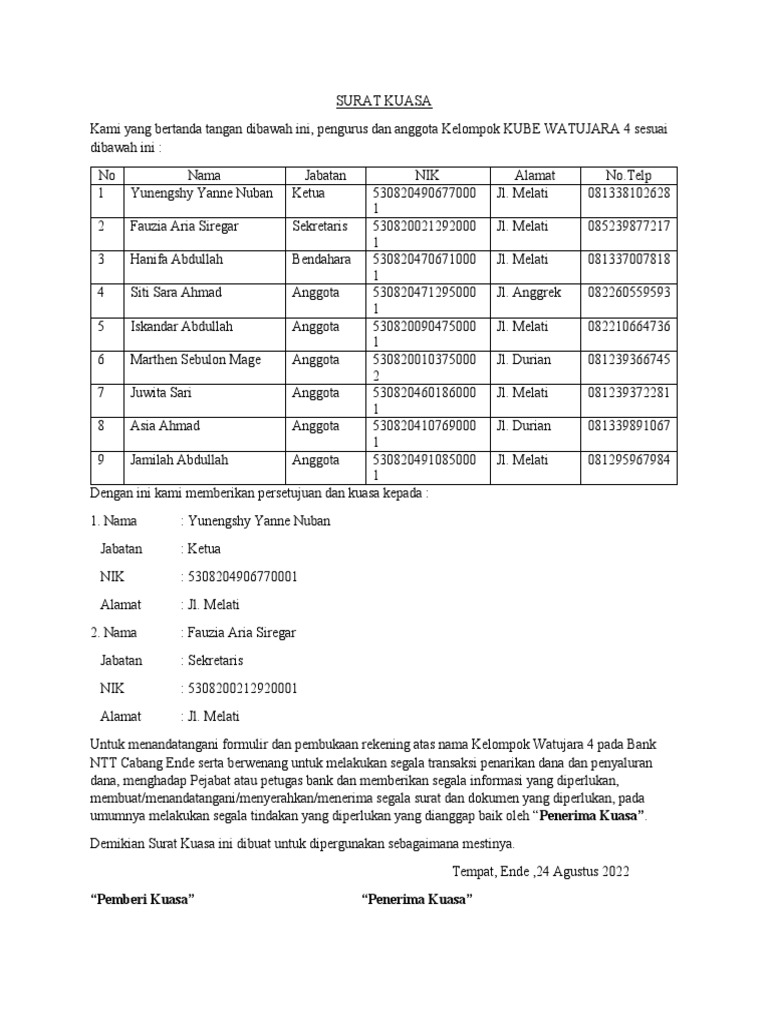 Surat Kuasa Kelompok KUBE Watujara 4 | PDF