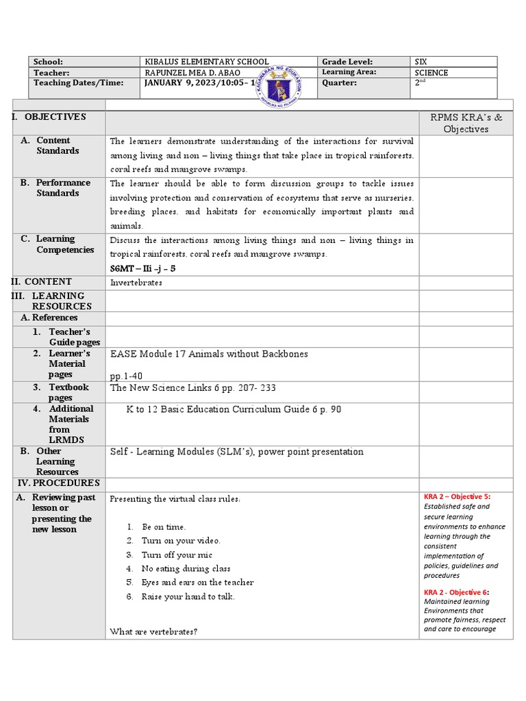 Rpms Kra'S & Objectives: Kibalus Elementary School SIX Rapunzel Mea D. Abao Science 2 | PDF ...