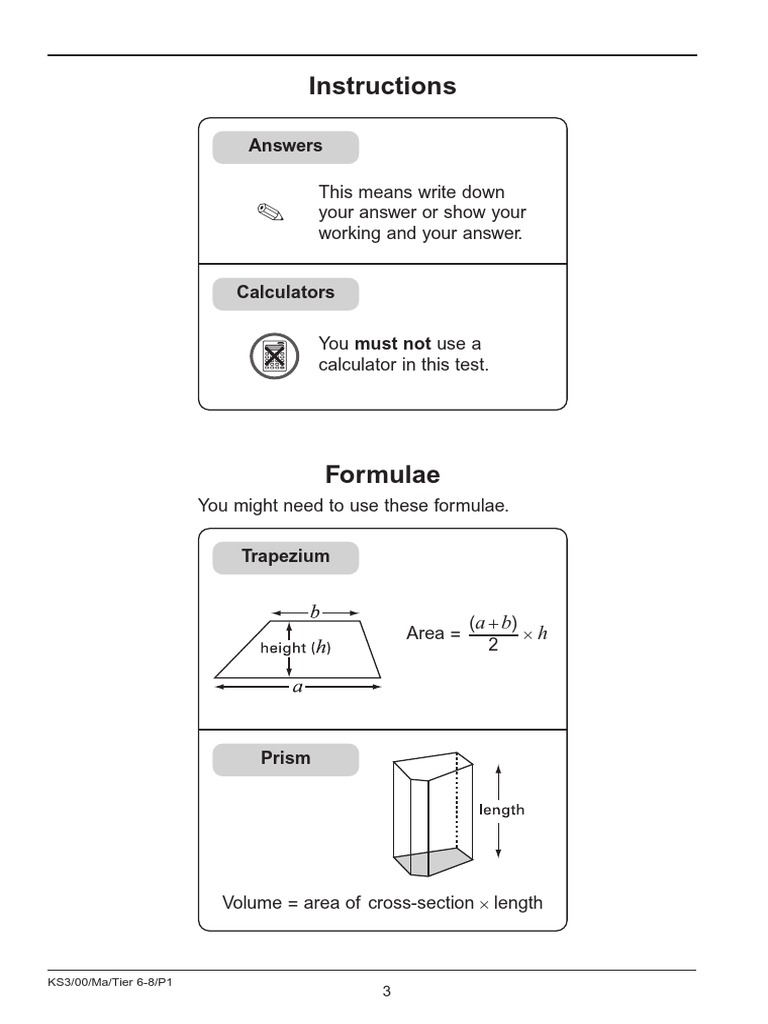 ks3 Mathematics 2000 Level 6 8 Paper 1 | PDF