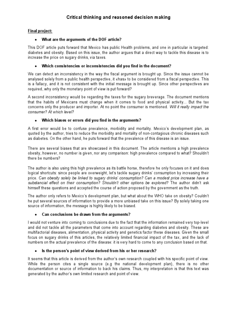 Final Project - Critical Thinking and Reasoned Decision Making | PDF Final Project - Critical Thinking and Reasoned Decision Making | PDF