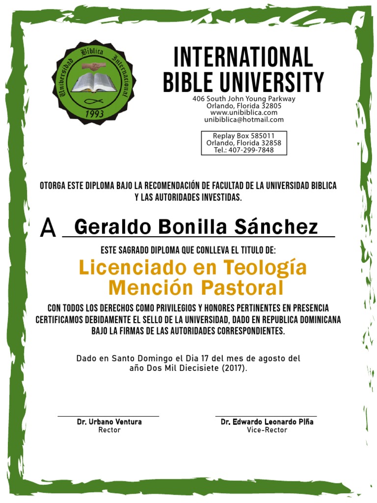 Diploma de Universidad Biblica Internacional | PDF