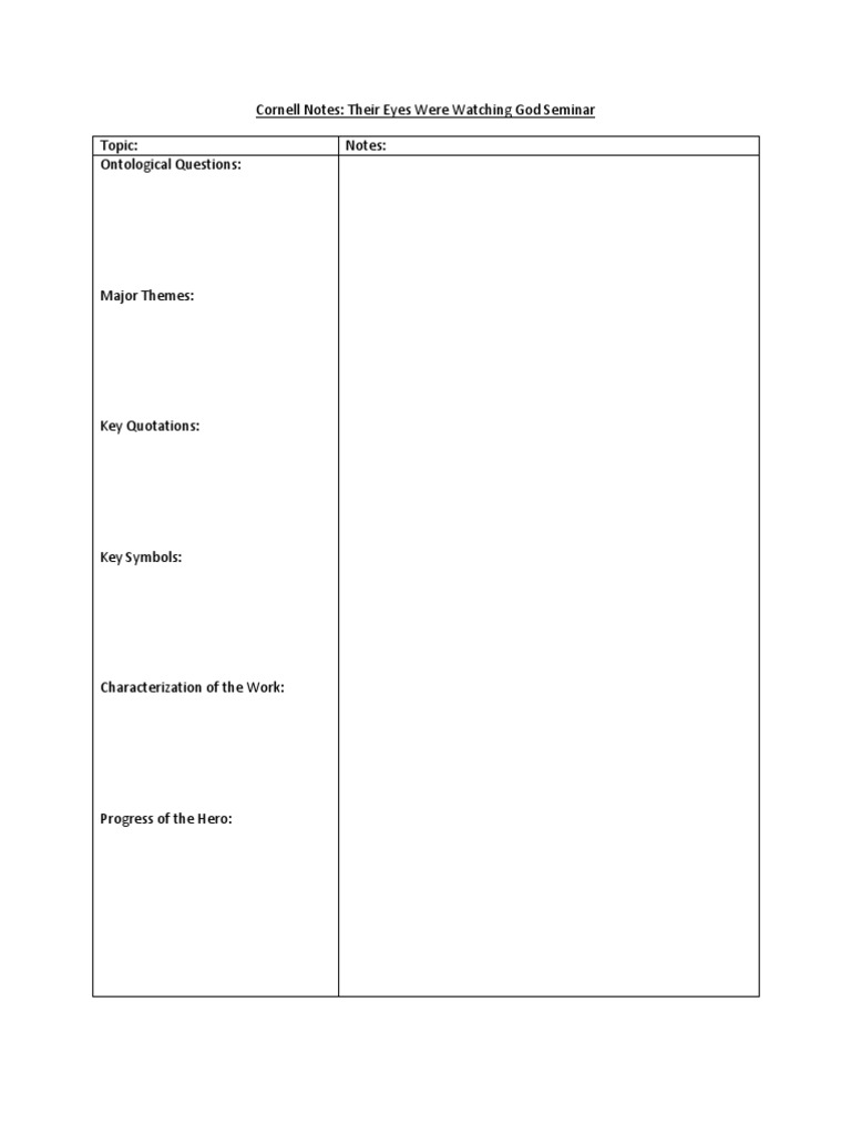 Cornell Notes: Their Eyes Were Watching God Seminar Topic: Notes ...