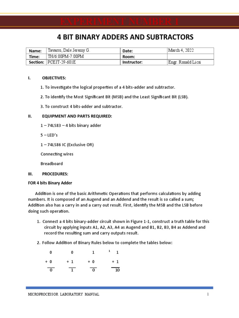 Experiment Number 1: 4 Bit Binary Adders and Subtractors | PDF | Computing | Electronics