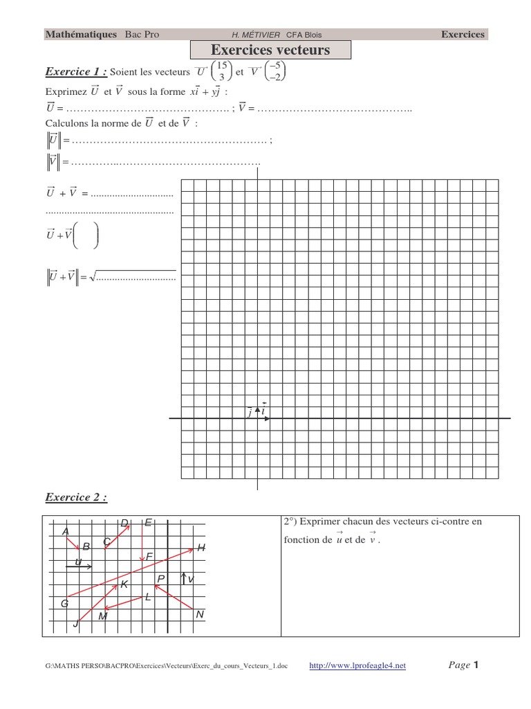 Exercices sur les vecteurs en Bac Pro | PDF | Mathématiques | Géométrie