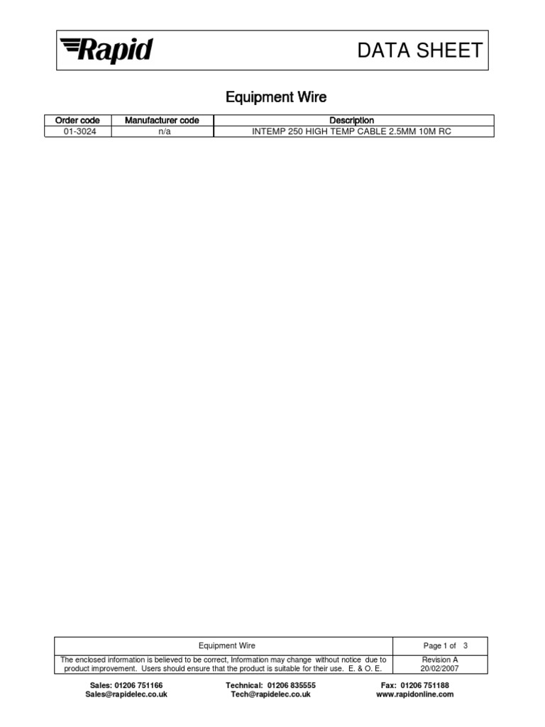 Data Sheet: Equipment Wire Equipment Wire Equipment Wire Equipment Wire ...