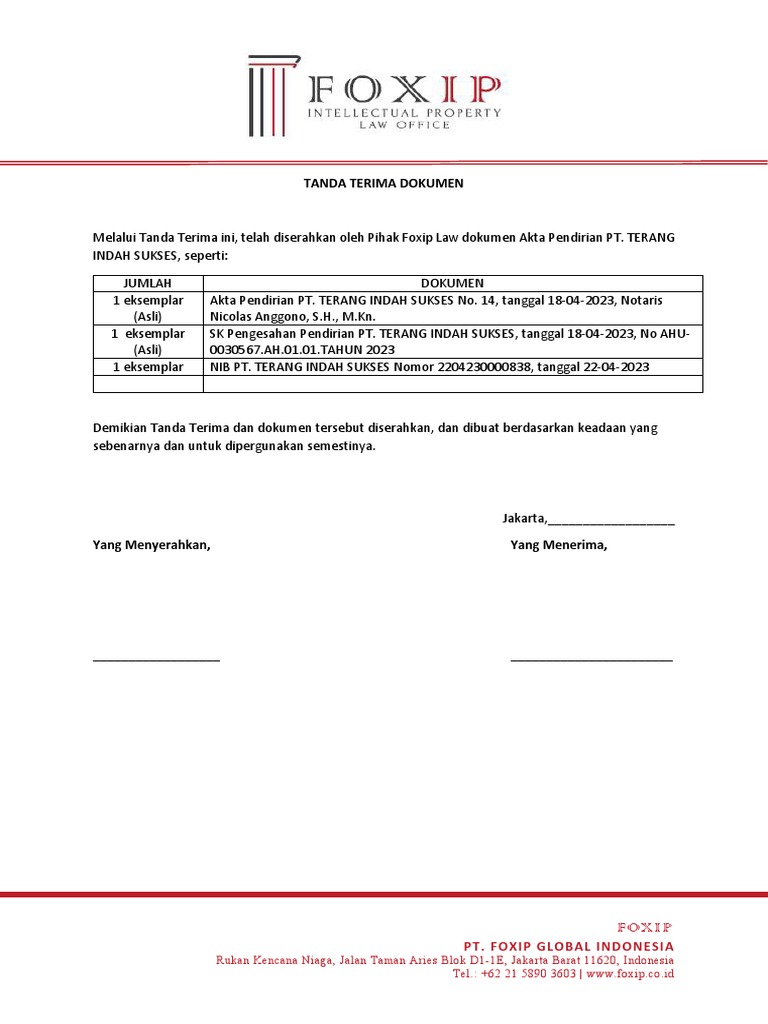 Tanda Terima Dokumen Notaris Foxip | PDF