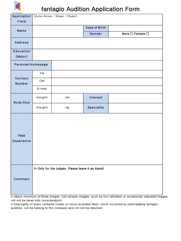 Fantagio Audition Application Form: (Actor Atress / Singer / Model) | PDF