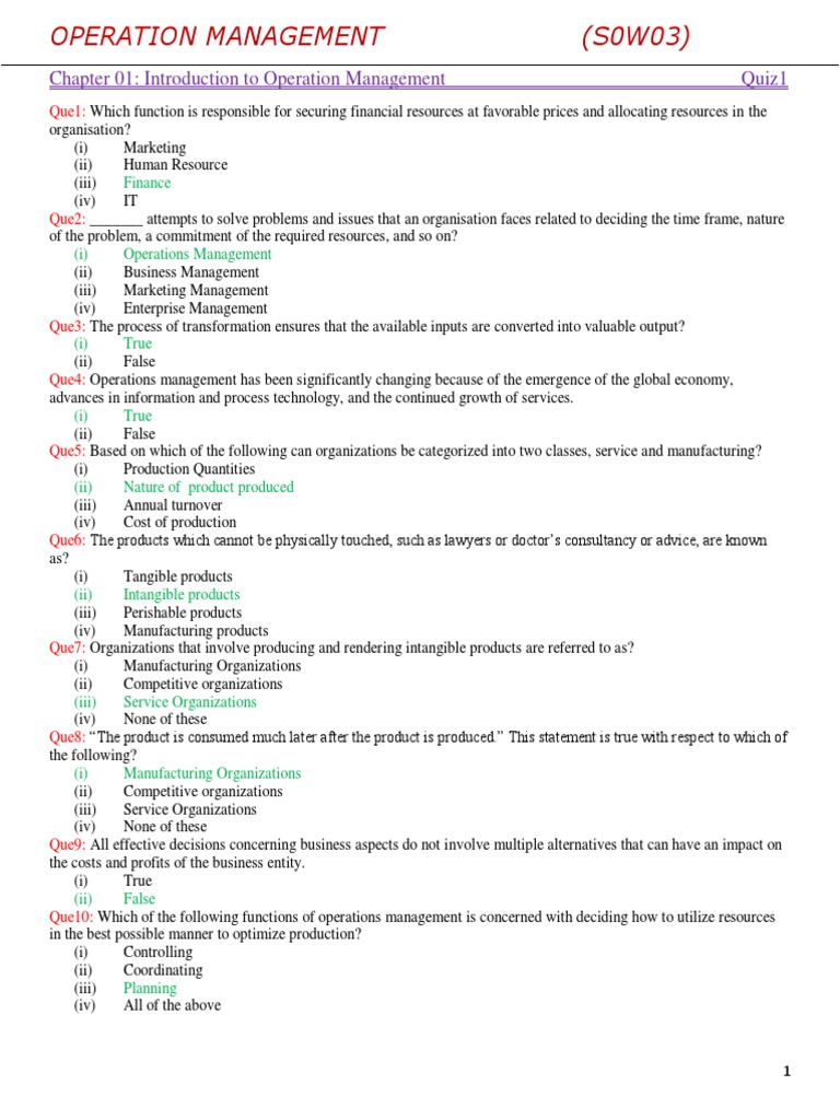 Operation Management - Solved Quiz | PDF | Supply Chain | Product ...