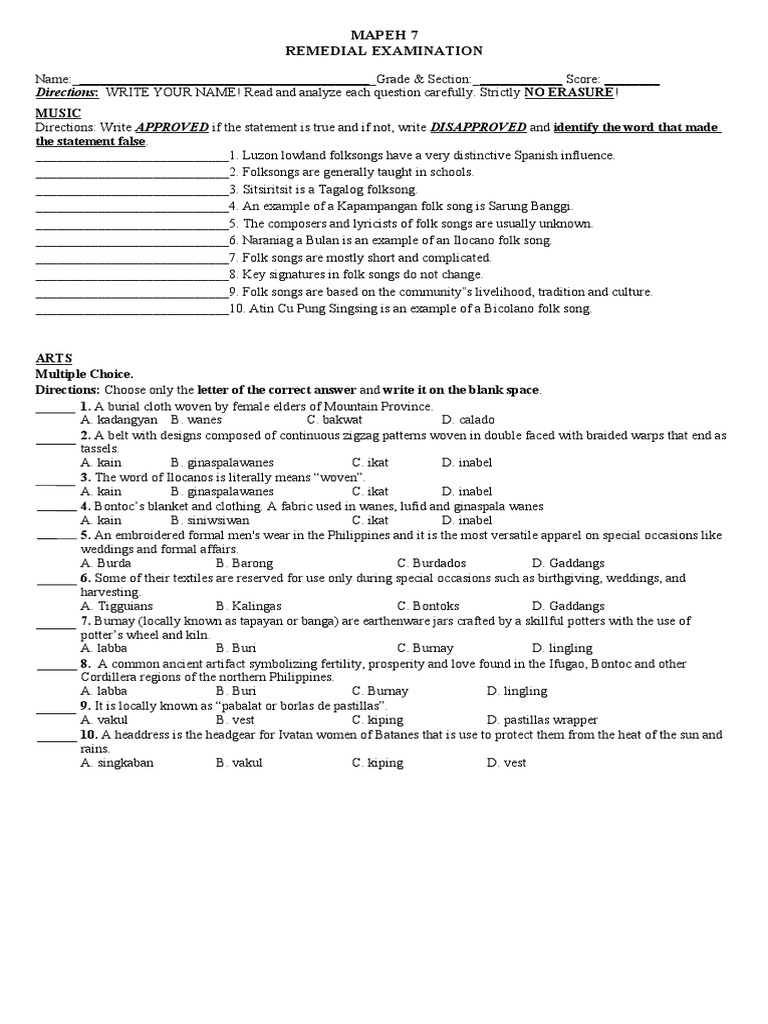 REMEDIAL EXAM - Q1 Week 1-2 - MAPEH 7 - SUMMATIVE ASSESSMENT 2020-2021 ... REMEDIAL EXAM - Q1 Week 1-2 - MAPEH 7 - SUMMATIVE ASSESSMENT 2020-2021 ...
