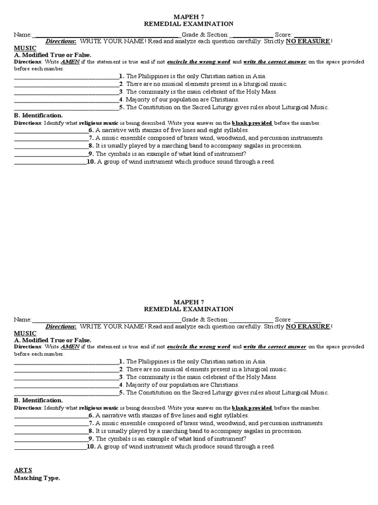 REMEDIAL - Q1 Week 3-4 - MAPEH 7 - SUMMATIVE ASSESSMENT 2020-2021 | PDF | Composition (Visual ...