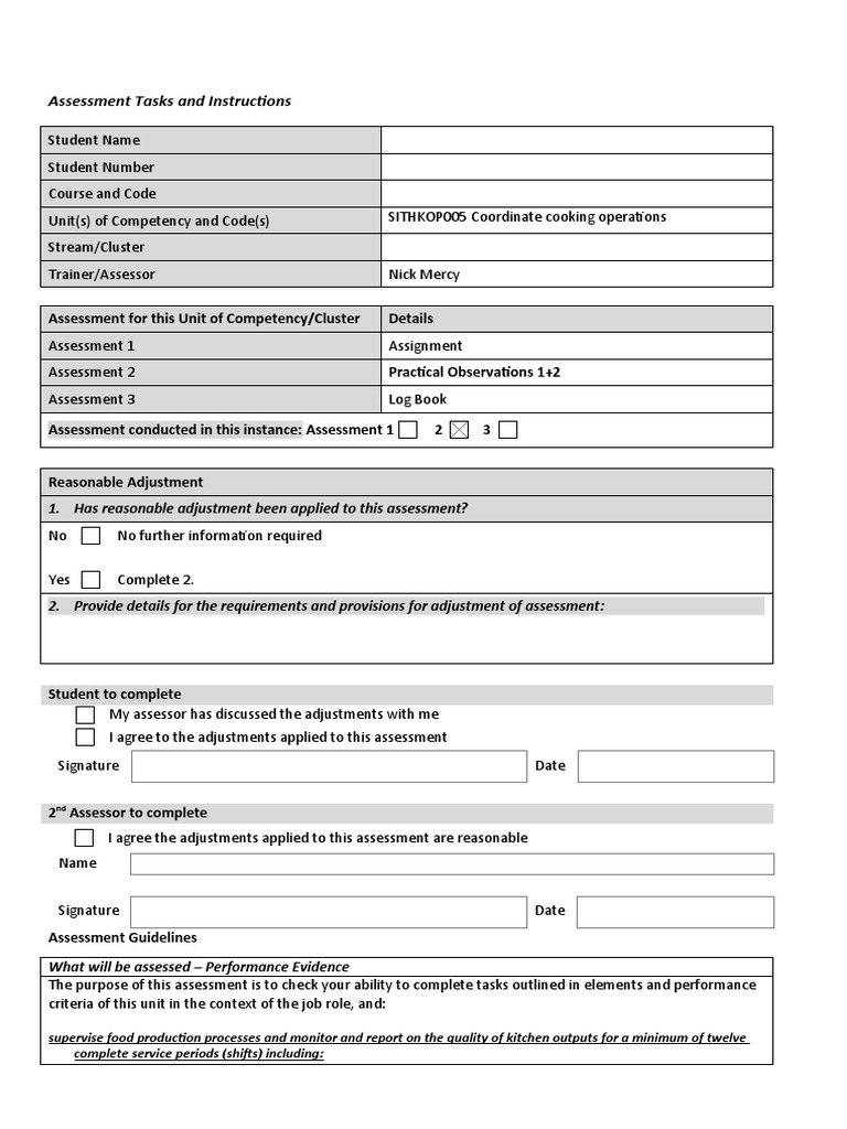 SITHKOP005 Observation Sheet Service LOG - 12 Instances, Recipes ...