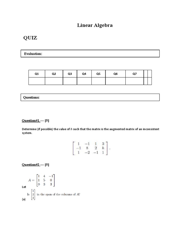Linear Algebra Quiz (Matrices) | PDF