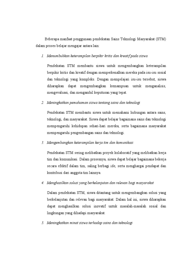 Manfaat Penggunaan Pendekatan STM Dalam Proses Belajar Mengajar | PDF