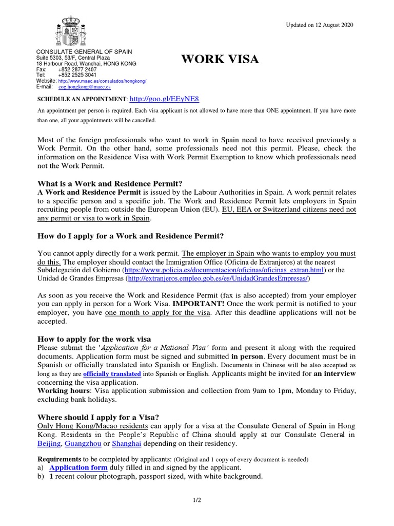 Spain Work Visa Guide for HK Residents | PDF